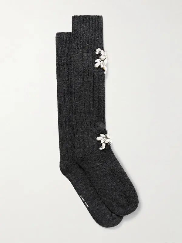 Simone Rocha Embellished Ribbed Wool-blend Knee Socks - Gray