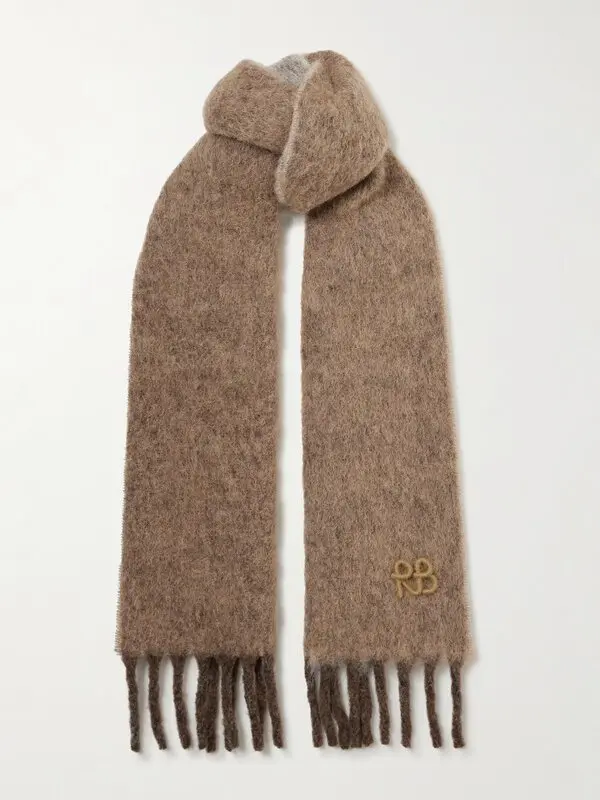 Ruslan Baginskiy Appliquéd Fringed Knitted Scarf - Brown
