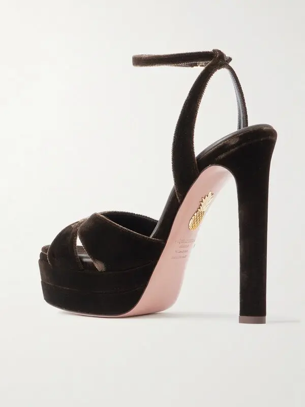 AQUAZZURA Divine Plateau 130 Velvet Platform Sandals - Brown