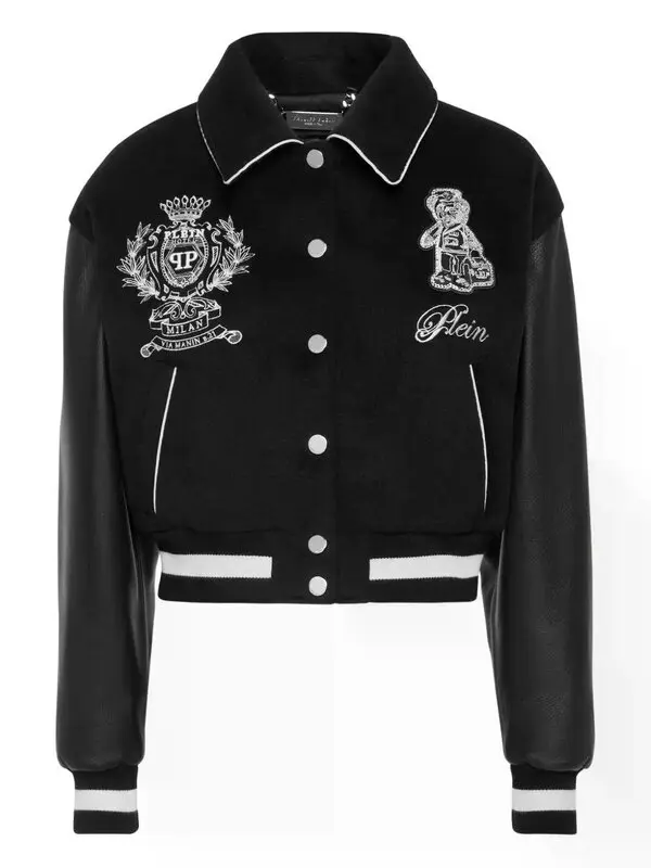Philipp Plein Leather-sleeve Embroidered Bomber Jacket - Black