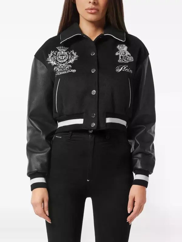 Philipp Plein Leather-sleeve Embroidered Bomber Jacket - Black