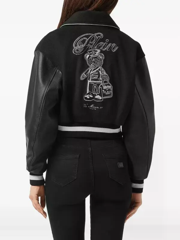 Philipp Plein Leather-sleeve Embroidered Bomber Jacket - Black
