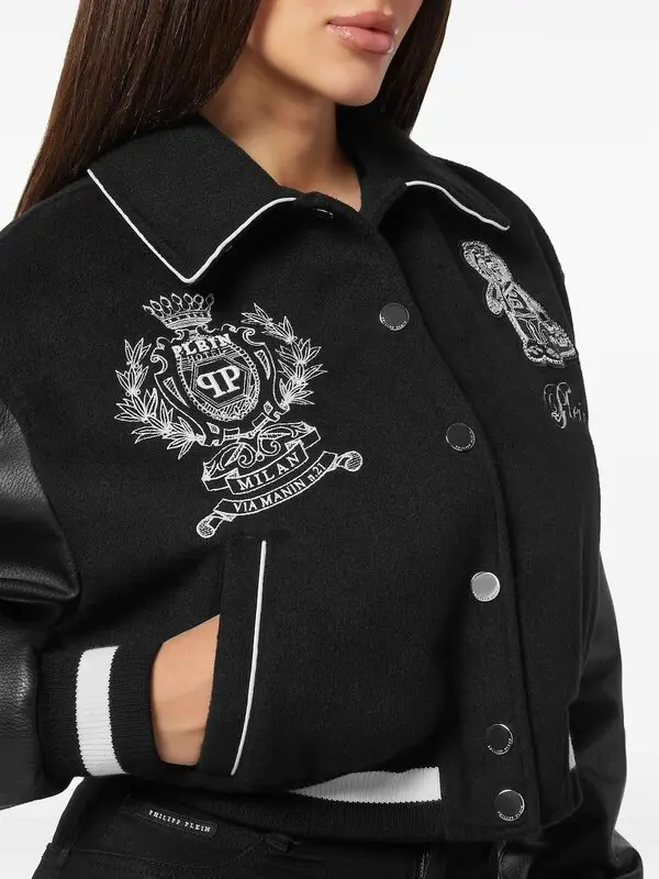 Philipp Plein Leather-sleeve Embroidered Bomber Jacket - Black