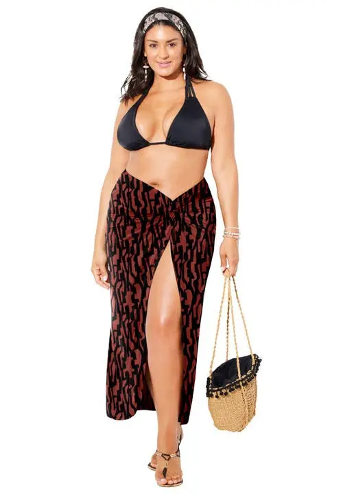 SWIMSUITS FOR ALL Pack & Go Wrinkle-resistant Sarong Skirt Cover Up - Brown Black Abstract