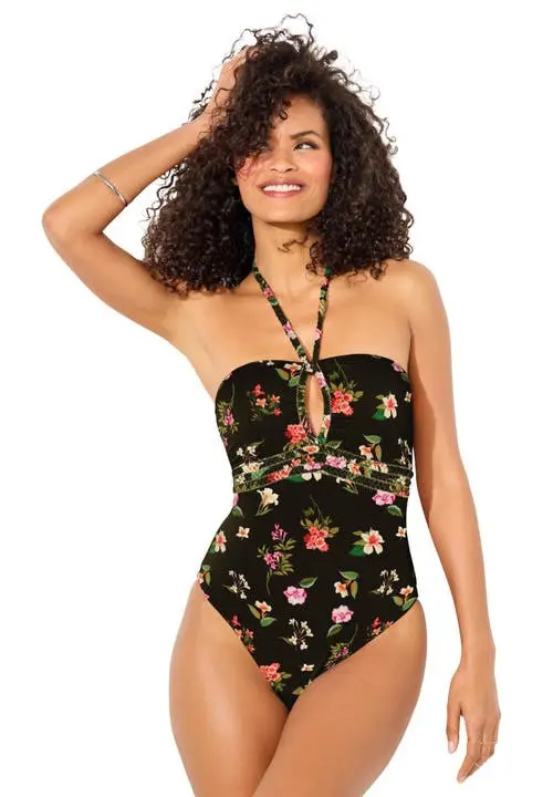 SWIMSUITS FOR ALL Braided Bandeau One-piece Swimsuit - Black Ditsy Floral
