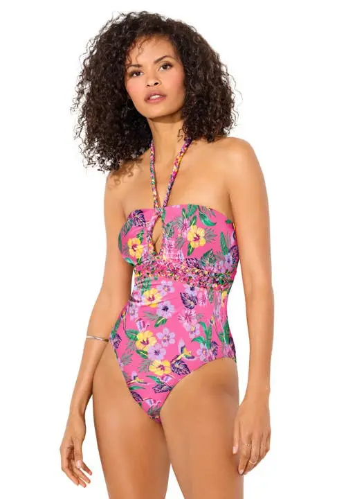 SWIMSUITS FOR ALL Bandeau One-piece Swimsuit With Braided Trim - Maui Coral Tropical
