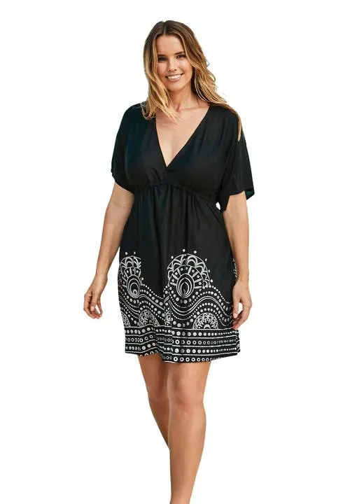 SWIMSUITS FOR ALL Kate V-neck Cover Up Dress - Black