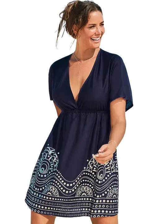 SWIMSUITS FOR ALL Kate V-neck Cover Up Dress - Midnight
