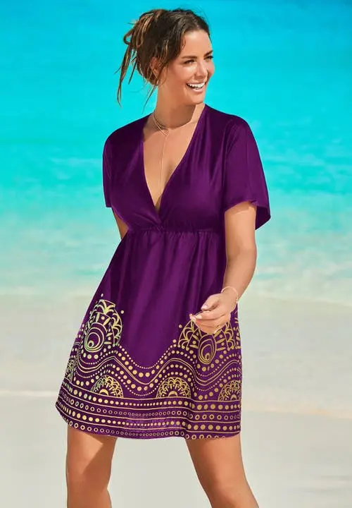 SWIMSUITS FOR ALL Kate V-neck Cover Up Dress - Spice
