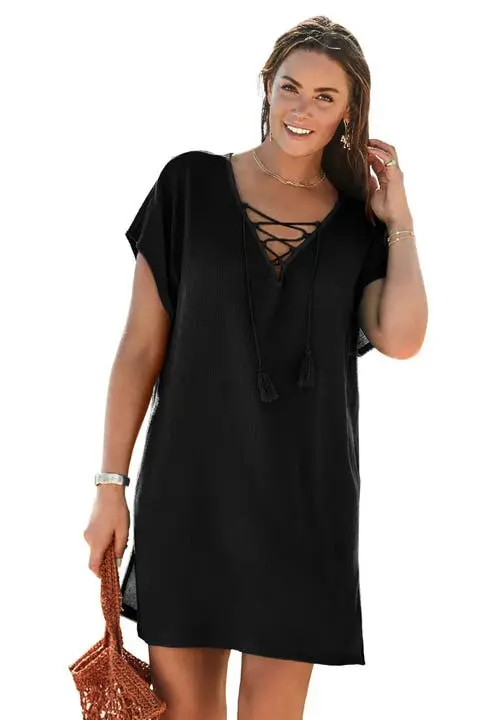 SWIMSUITS FOR ALL Esme Lace Up Cover Up Dress - Black