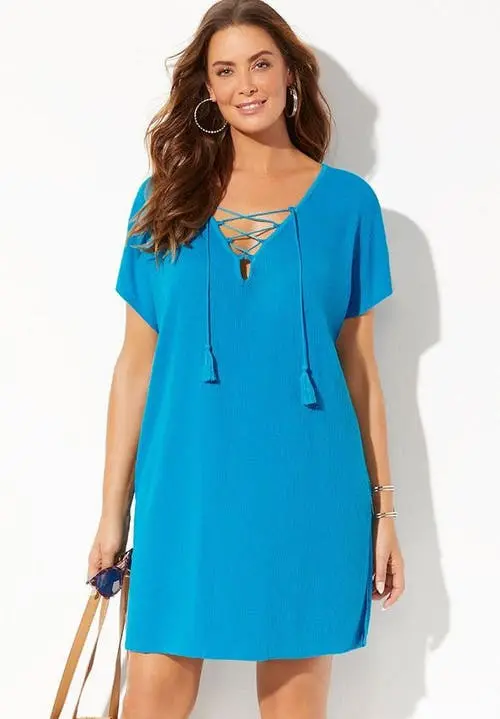 SWIMSUITS FOR ALL Esme Lace Up Cover Up Dress - Teal