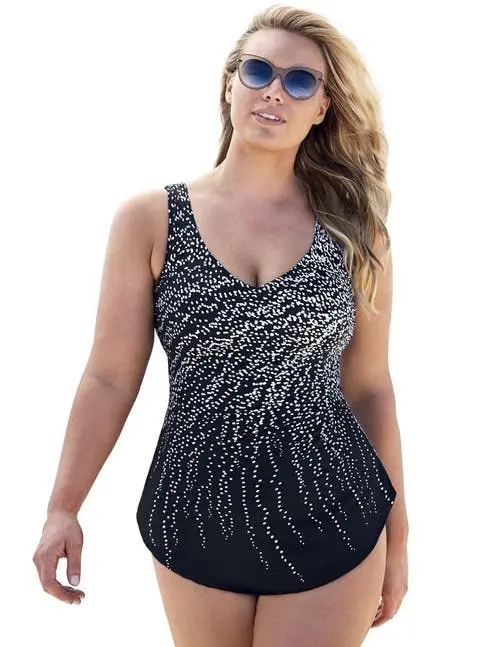 SWIMSUITS FOR ALL Dotted Sarong Front One Piece Swimsuit - Engineered Rain