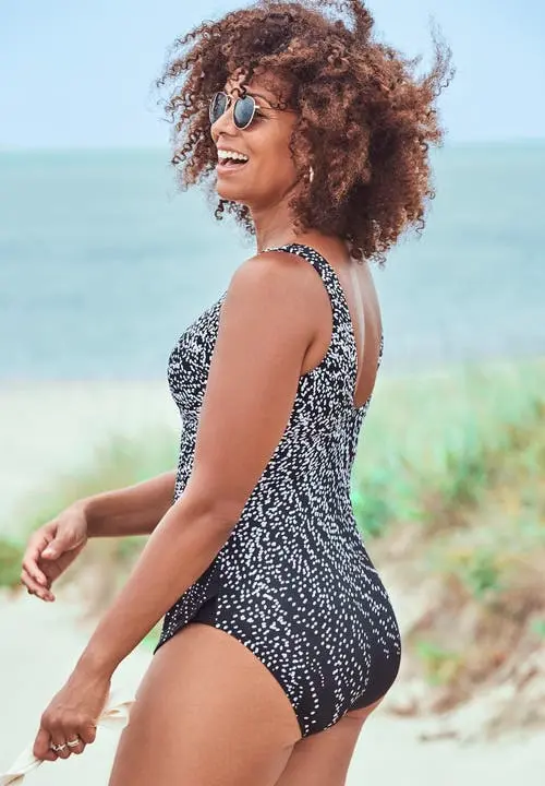 SWIMSUITS FOR ALL Dotted Sarong Front One Piece Swimsuit