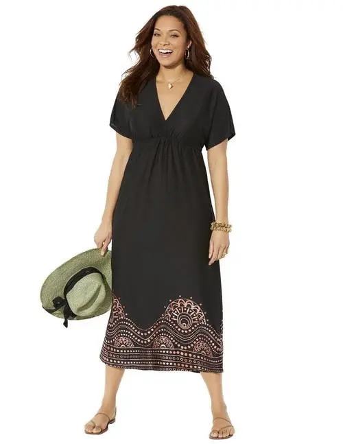 SWIMSUITS FOR ALL Kate V-neck Cover Up Maxi Dress - Black