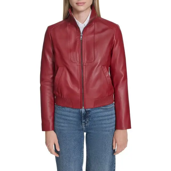 Cole Haan Stand Collar Leather Bomber Jacket - Dark Red