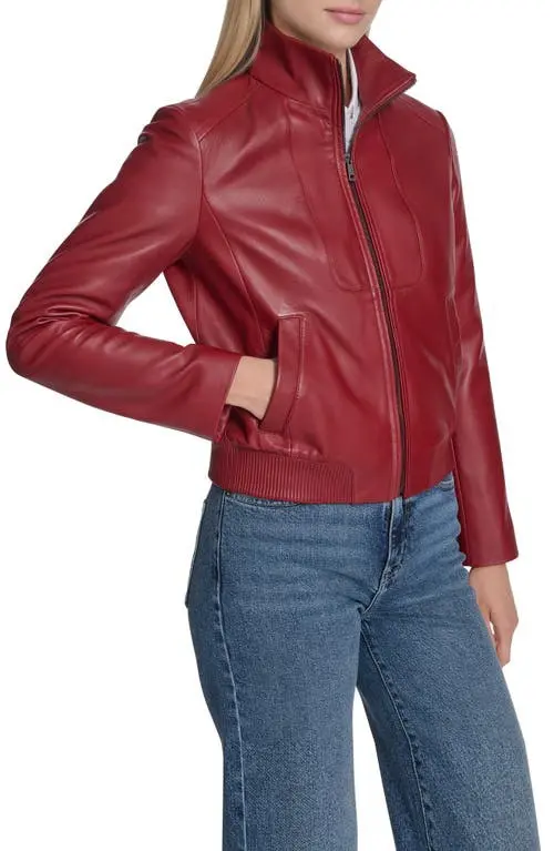 Cole Haan Stand Collar Leather Bomber Jacket - Dark Red