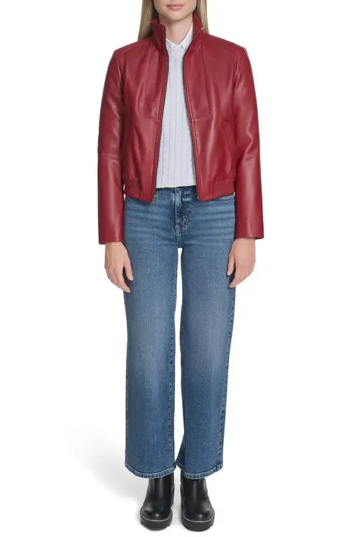 Cole Haan Stand Collar Leather Bomber Jacket - Dark Red