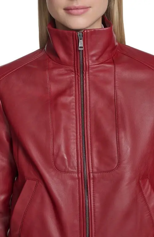Cole Haan Stand Collar Leather Bomber Jacket - Dark Red