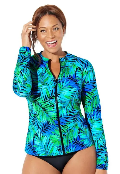 SWIMSUITS FOR ALL Chlorine Resistant Long Sleeve Zip Up Swim Rash Guard With Ruched Sleeves - Palmtastic Green