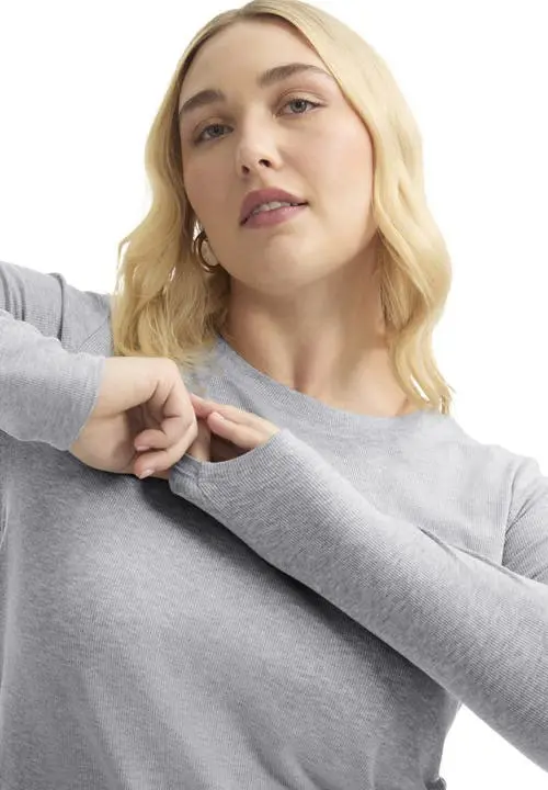 JUNE + VIE Ribbed Crewneck Long Sleeve Top - Medium Heather Grey