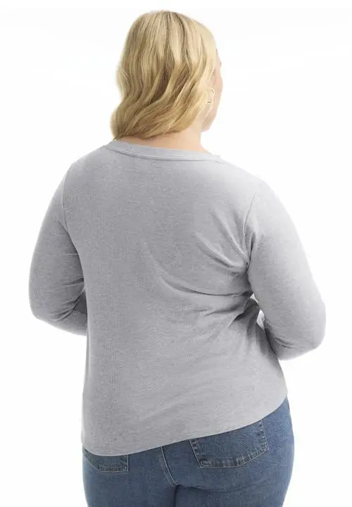 JUNE + VIE Ribbed Crewneck Top - Medium Heather Grey