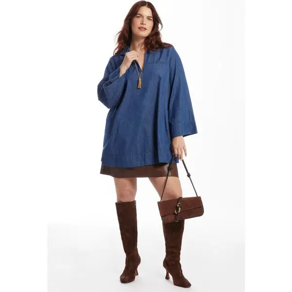 JUNE + VIE Cotton Denim Blouse - Medium Wash