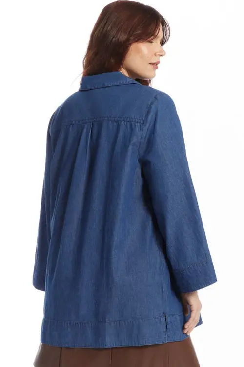 JUNE + VIE Cotton Denim Blouse With Bell Sleeves - Medium Wash