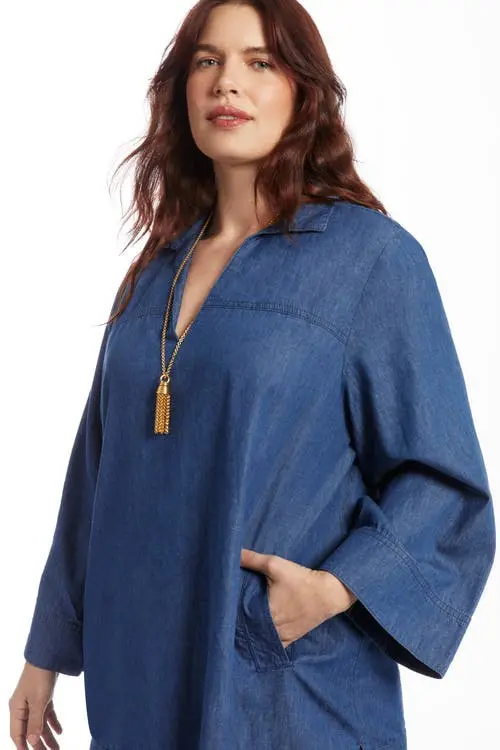 JUNE + VIE Cotton Denim Blouse With Bell Sleeves - Medium Wash