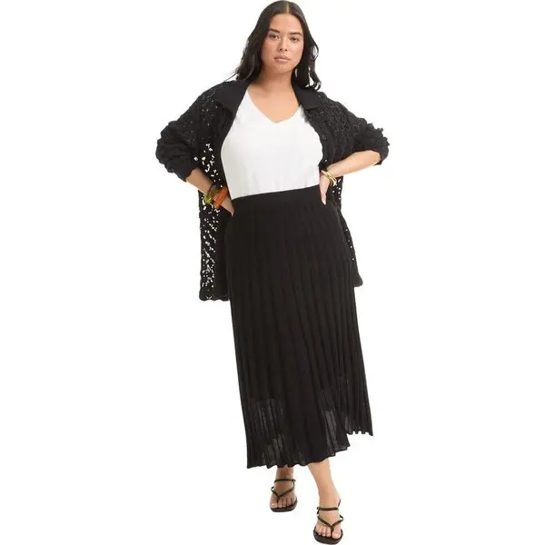 JUNE + VIE Pleated Knit Midi Skirt - Black Onyx