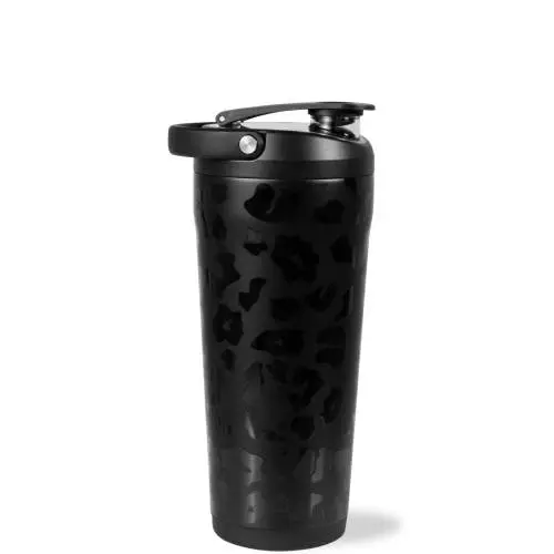 HYDROJUG Insulated Stainless Steel Shaker 24 Oz Bottle With Silent Mixing Grate & Flip Lid - Black Leopard