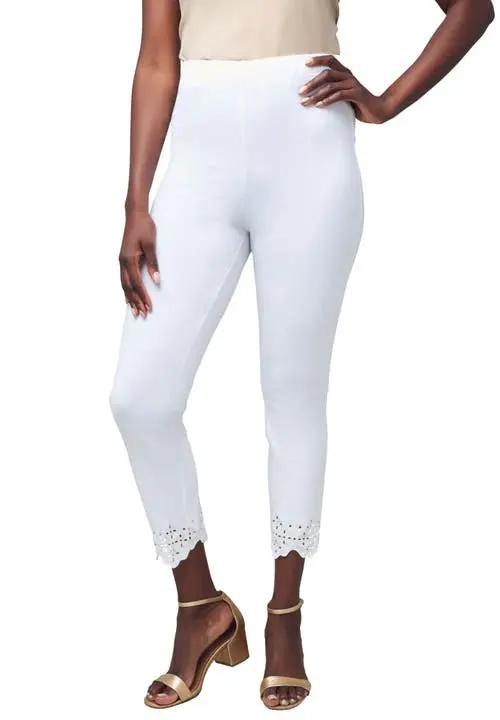JESSICA LONDON Stretch Cotton Eyelet Capri Legging - White Floral Eyelet