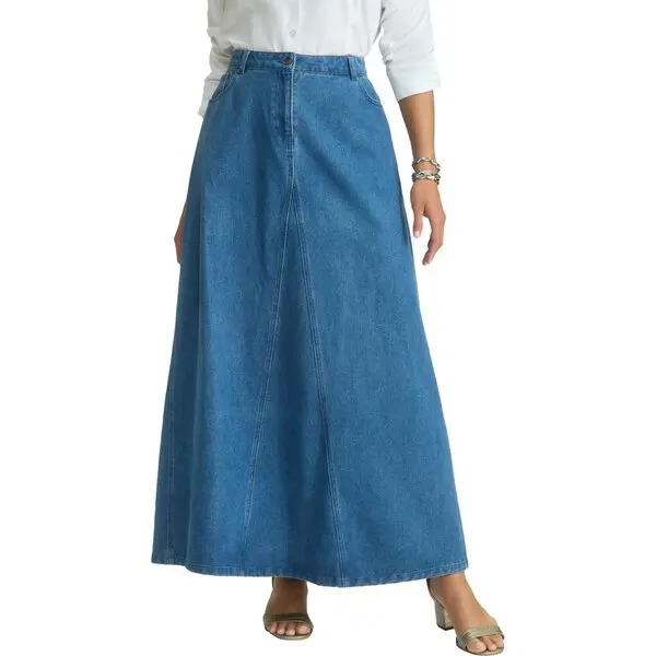 JESSICA LONDON Denim A-line Maxi Skirt With Godets - Medium Stonewash