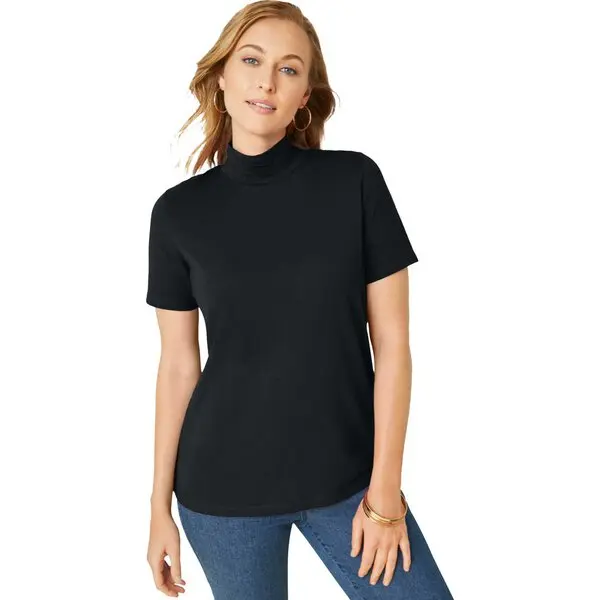 JESSICA LONDON Short Sleeve Mock Neck Tee - Black