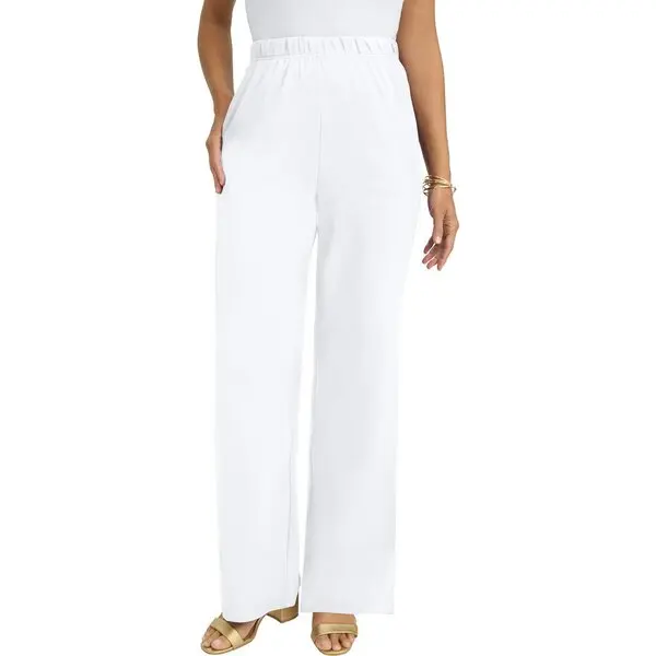 JESSICA LONDON Soft Ease Cotton Knit Wide Leg Pant - White
