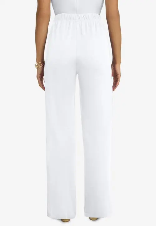 JESSICA LONDON Soft Ease Cotton Knit Wide Leg Pant - White