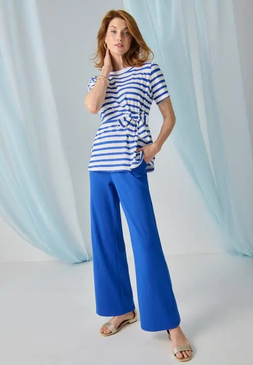 JESSICA LONDON Soft Ease Cotton Knit Wide Leg Pant - White