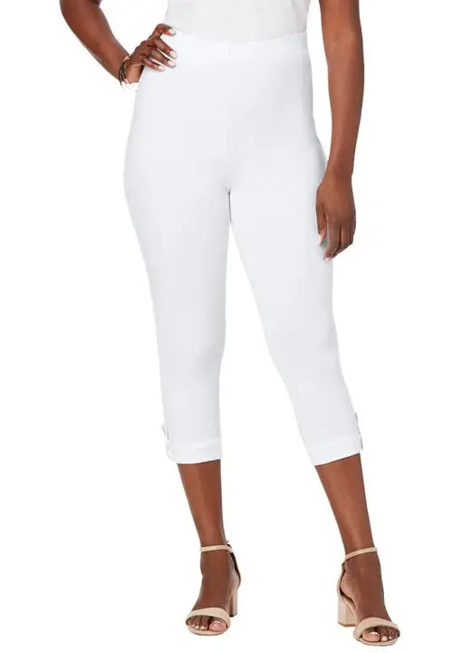 JESSICA LONDON Stretch Cotton Cuffed Capri Leggings - White