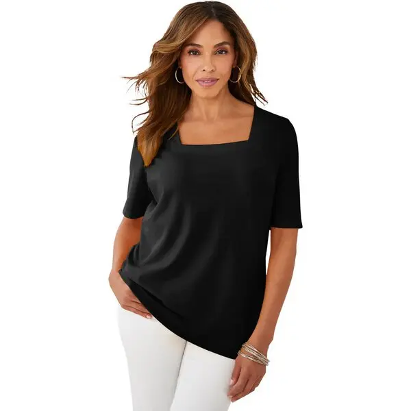 JESSICA LONDON Stretch Cotton Square Neck Tee - Black