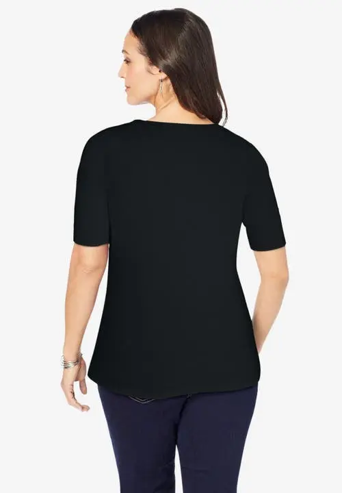 JESSICA LONDON Stretch Cotton Square Neck Tee - Black