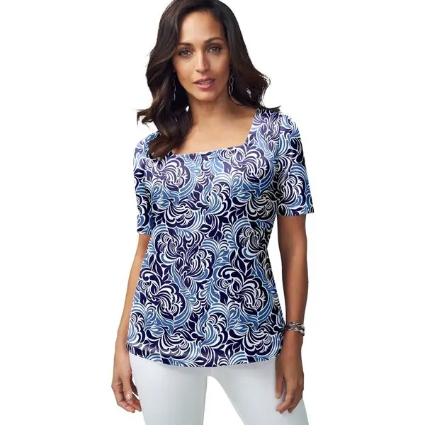 JESSICA LONDON Stretch Cotton Square Neck Tee - Blue Scroll