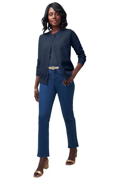 JESSICA LONDON Fine Gauge Eyelet Cardigan - Navy