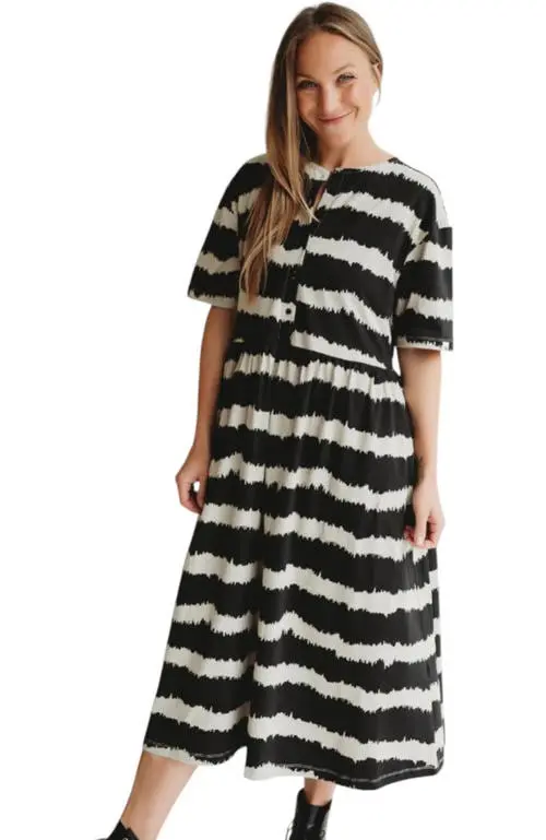 TURTLEDOVE LONDON Organic Cotton Matilda Wavy Stripe Midi Dress - Black