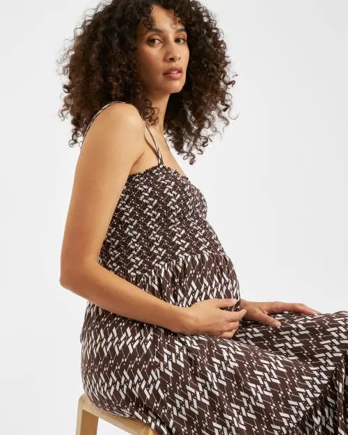 RIPE MATERNITY Grace Shirred Midi Dress - Chocolate/white