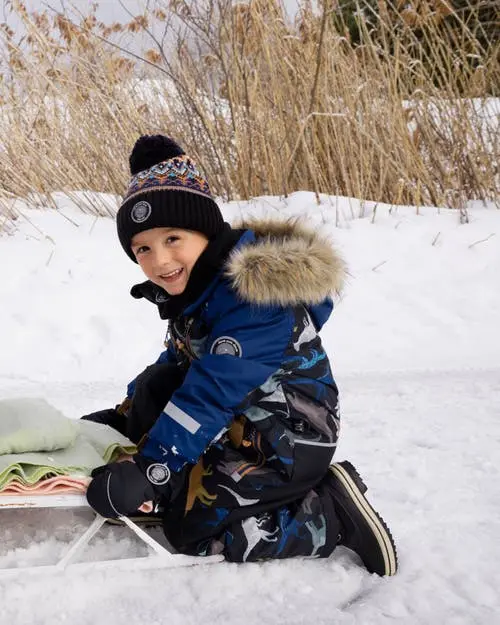 DEUX PAR DEUX Lined Knit Beanie With Pompom - Taupe And Navy