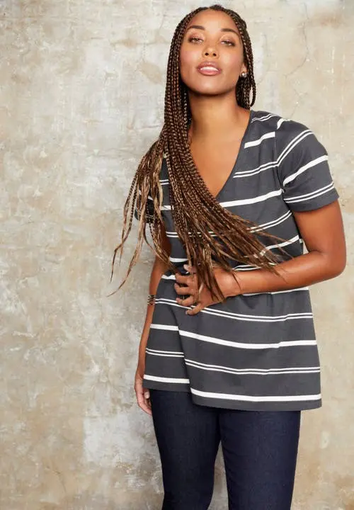 JUNE + VIE Short-sleeve V-neck Tunic - Black