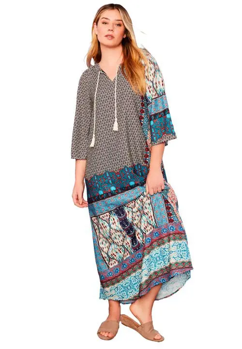 JUNE + VIE Paisley Print Maxi Dress With Tassel Detail - Multi Boho Patchwork