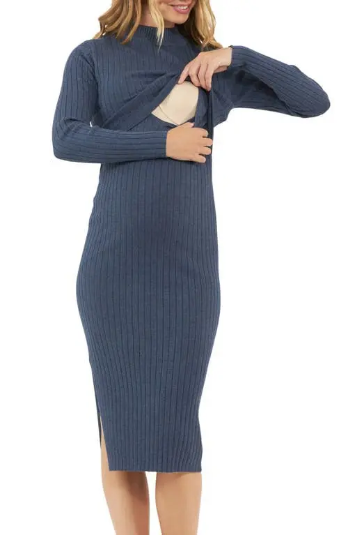 RIPE MATERNITY Nella Knit Ribbed Midi Dress - Denim Marle