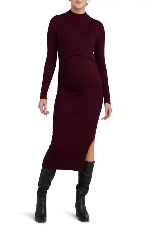 RIPE MATERNITY Nella Long Sleeve Ribbed Midi Dress - Maroon