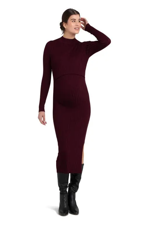 RIPE MATERNITY Nella Long Sleeve Ribbed Midi Dress - Maroon