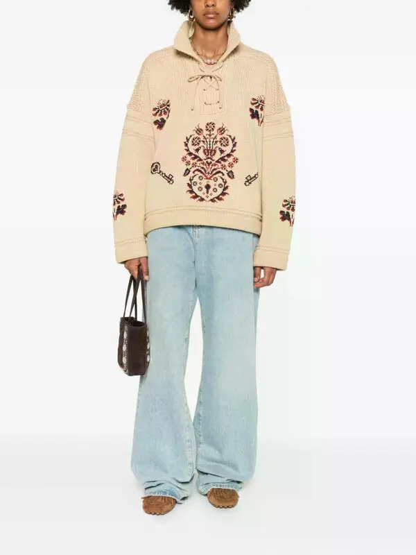 Etro Embroidered Lace-up Sweater - Neutrals